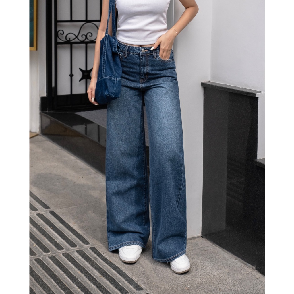 HASHTAGEM - Quần Jean Nữ WLJ.2 Wide Leg Jeans Pine Blue, Ống Rộng Lưng Cao, Xanh Đậm Wash Đùi ...