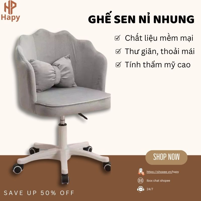 Ghế sen vương miện nỉ nhung HAPY phù hợp ngồi bàn trang điểm,làm nail ...