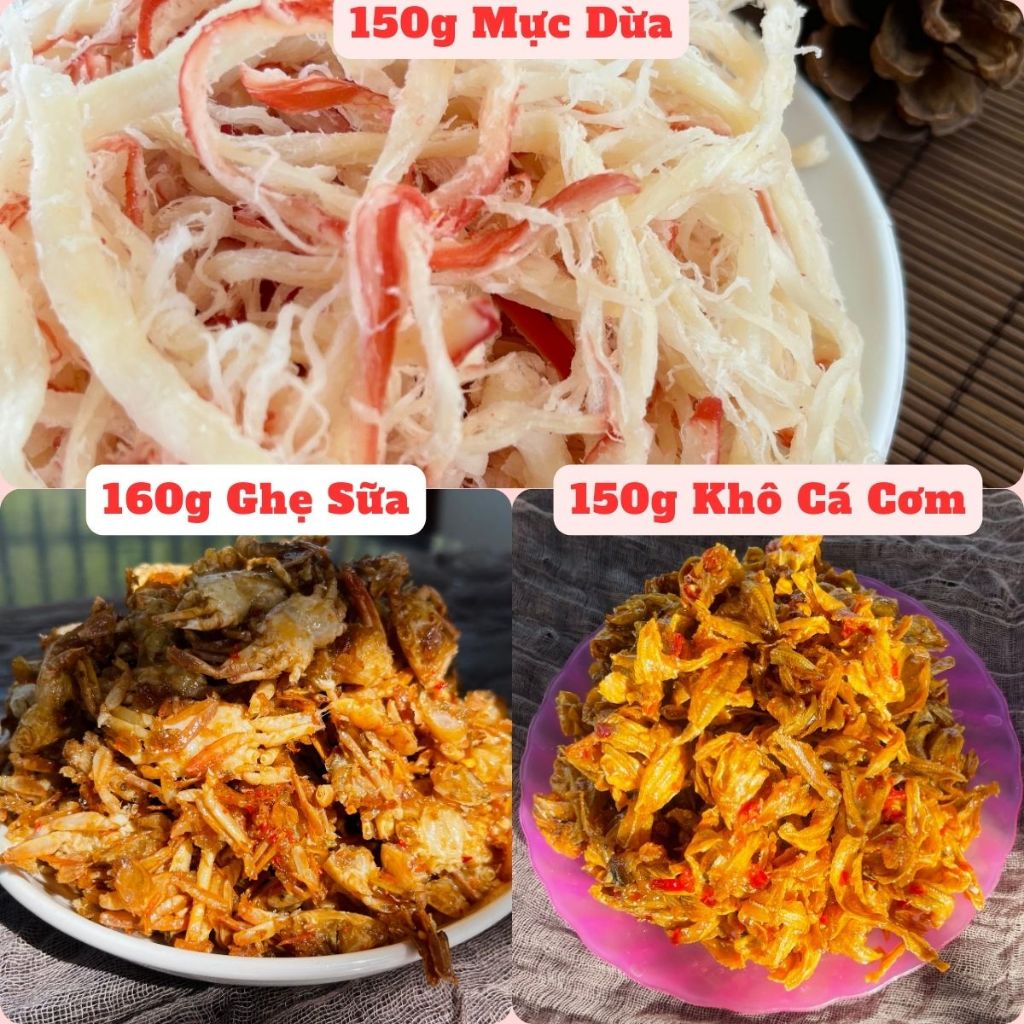 Combo Đón Tết Gồm 150g Khô Cá Cơm Rim loại to, 150g Khô Mực Dừa, 160g Khô ghẹ chiên giòn ...