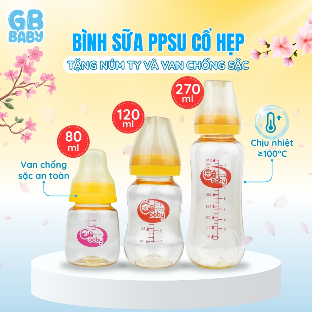 [Gb-Baby Chính Hãng] Bình sữa PPSU cổ hẹp GB-Baby dung tích 80ml 120ml 270ml tặng núm ty và van ...
