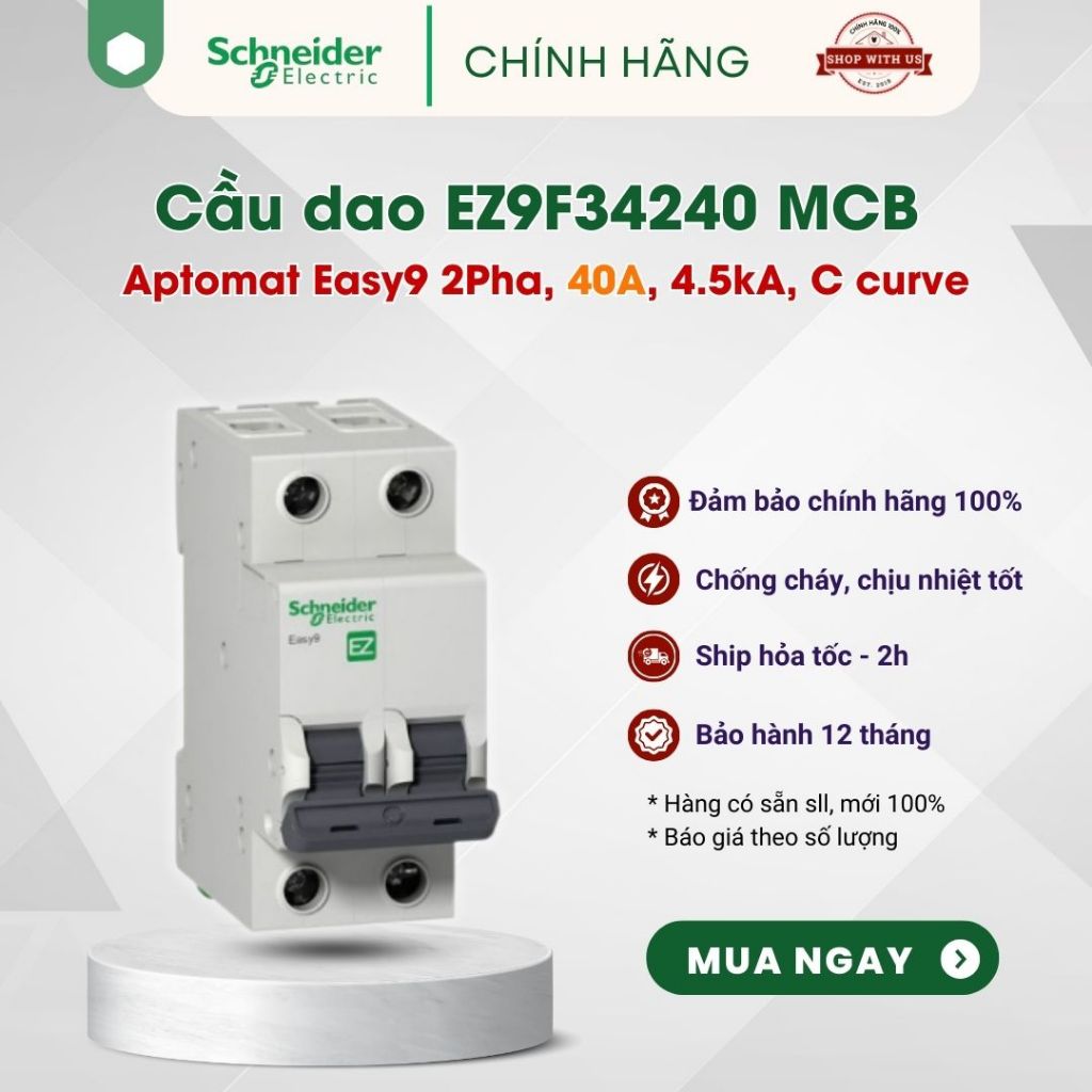 Cầu dao tự động Schneider Easy9 - EZ9F34240 | Cầu dao tự động MCB (át cài) 2P dòng cắt 4.5kA ...