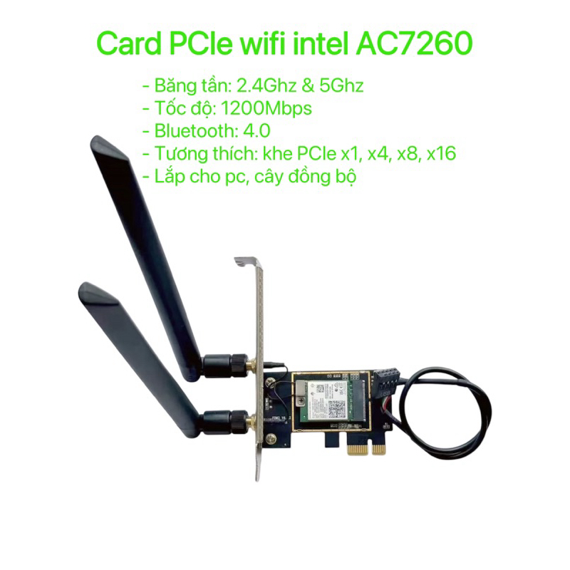 Card PCIe WiFi 5 Intel AC7260 băng tần 2.4 & 5GHz, tích hợp bluetooth ...