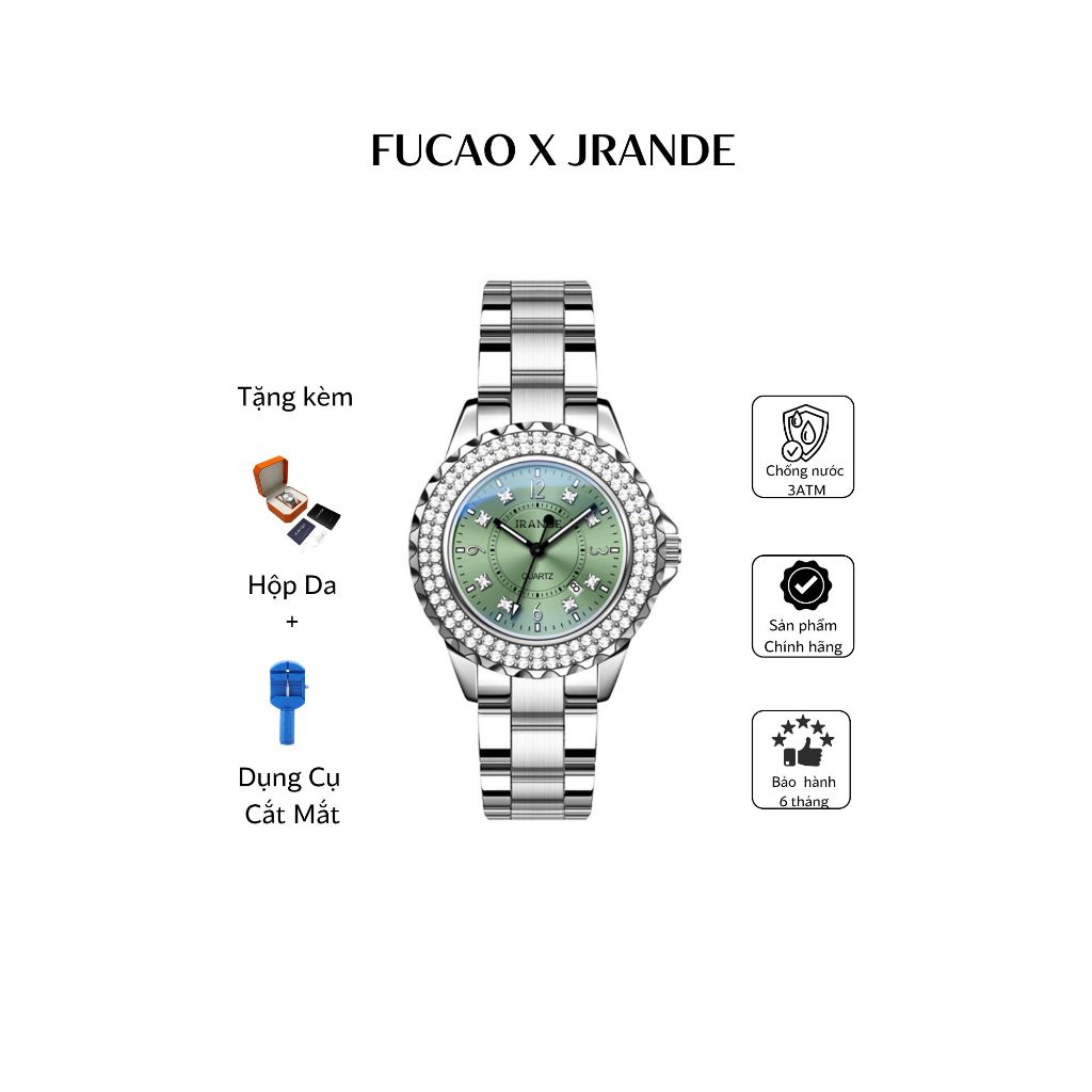 Đồng hồ nữ chính hãng JRANDE mặt tròn, dây kim loại thép không rỉ, mặt ...