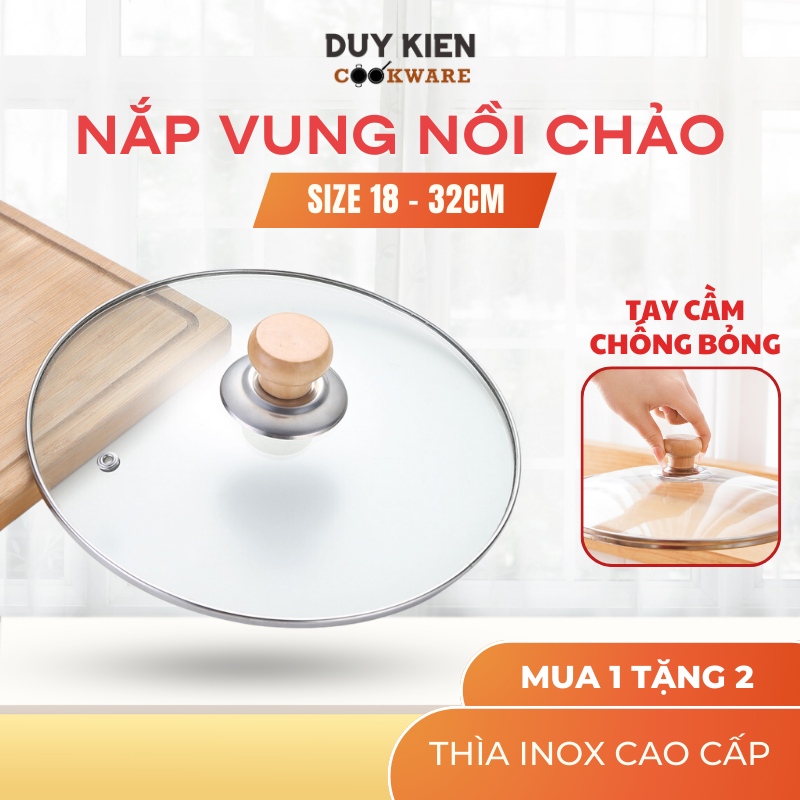 [TẶNG THÌA] Nắp nồi DUYKIEN, nắp nồi thủy tinh thay thế dùng cho chảo, núm gỗ chống nóng cách ...