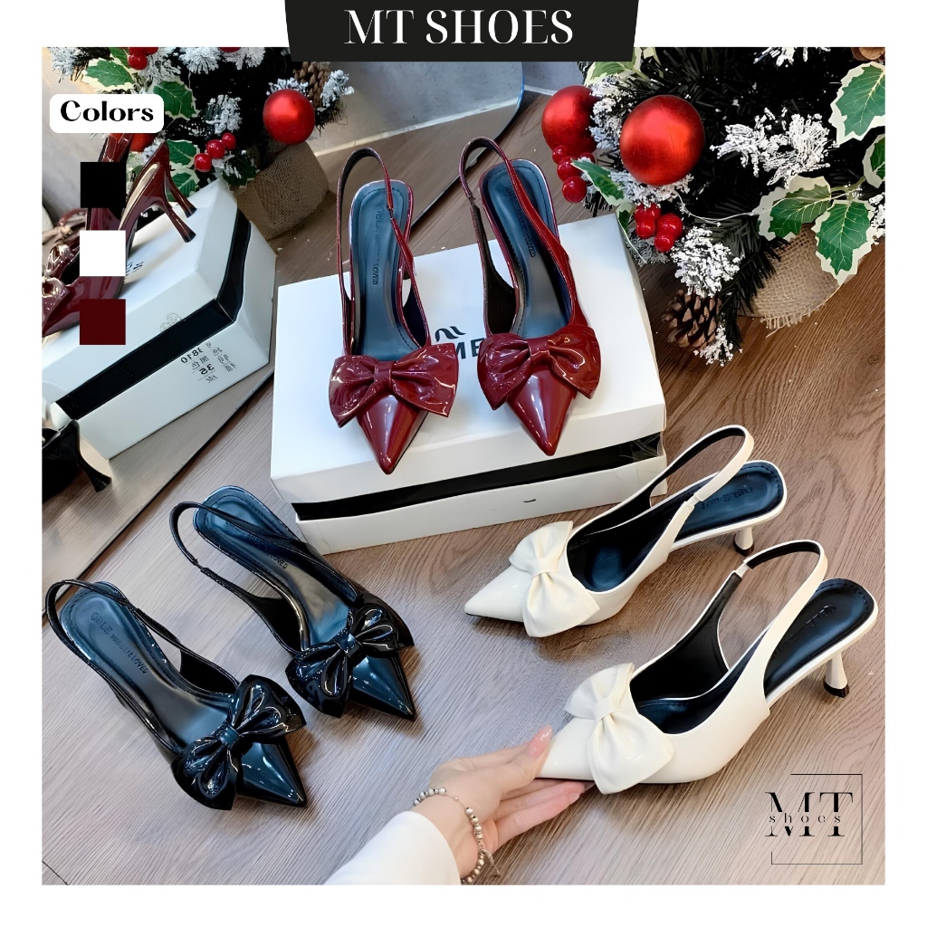 Giày Cao Gót Slingback 7cm Mũi Nhọn Đính Nơ Tiểu Thư Da Mềm Siêu Hot MT ...