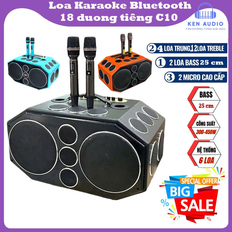 Loa kéo Karaoke C10 Pro, 2 Loa Bass 25cm ,4 Loa trung,12 Loa Treble, 18 Đường tiếng, Bluetooth 5 ...