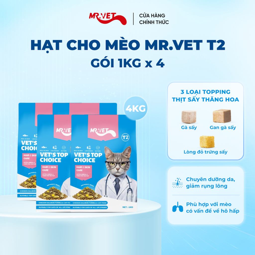 Thức Ăn Cho Mèo MRVET T2 Combo 4 Gói 1KG Tăng Cường Omega 3 Chăm Da Dưỡng Lông Cho Mèo Mọi Lứa ...