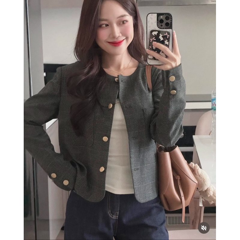 Áo khoác nữ dạ kẻ dài tay dáng Jacket cúc màu kim loại thanh lịch ...