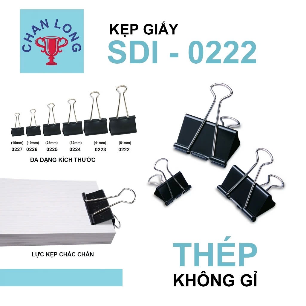 Kẹp giấy,kẹp bướm đen chính hãng SDI 15mm 19mm 25mm 32mm 41mm 51mm,thép không rỉ,kẹp tài liệu ...