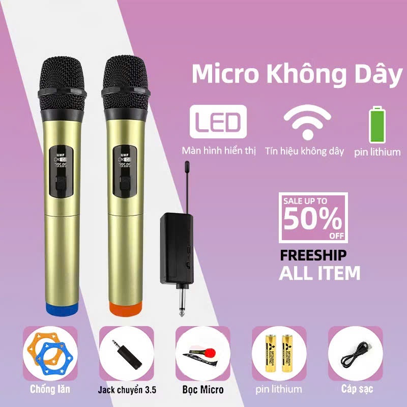Bộ 2 Micro không dây Karaoke dùng cho tất cả các loa, ampli, vang, loa ...