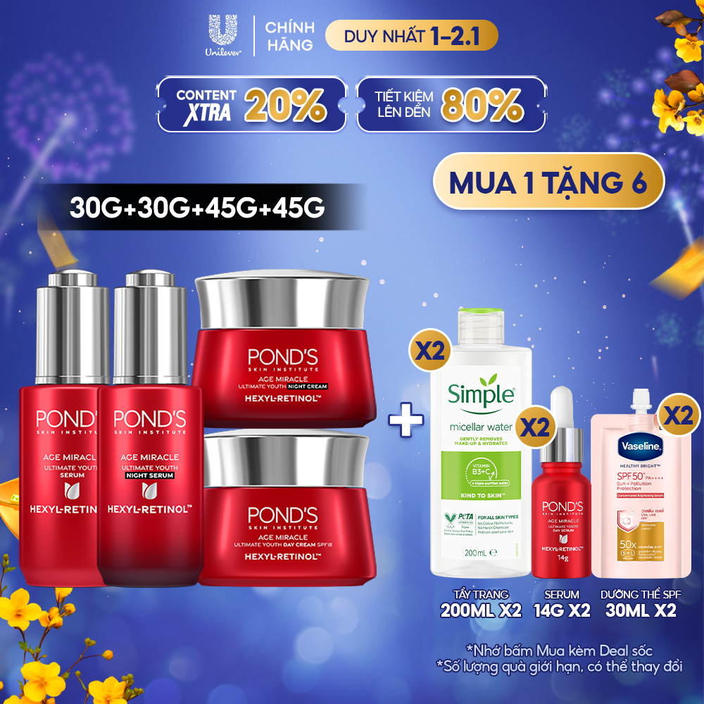 Combo 2 Serum và 2 Kem dưỡng ngày & đêm Pond's Age Miracle mờ đốm nâu, nếp nhăn với 50X Hexyl ...