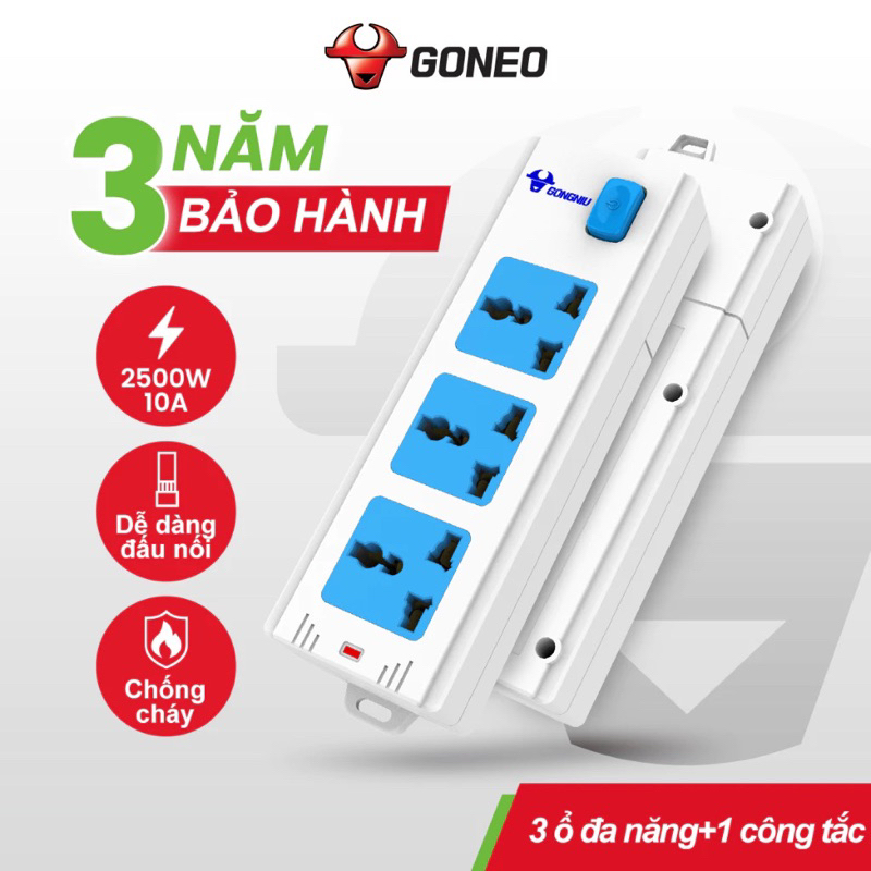Ổ Cắm Điện Chống Cháy Không Dây GONGNIU - 3 Ổ Đa Năng 1 Công Tắc - 2500W/10A/250V - 413K - Chính ...