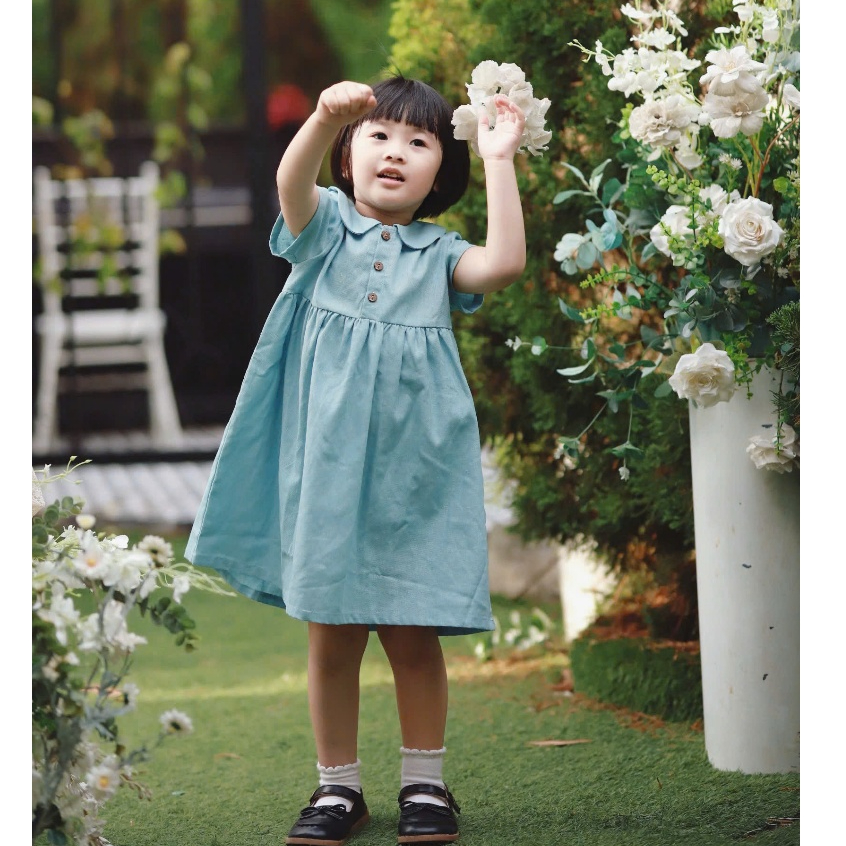 (Yi Closet) Đầm linen tay ngắn cổ sen màu xanh nhạt cho bé từ 10 - 25kg ...