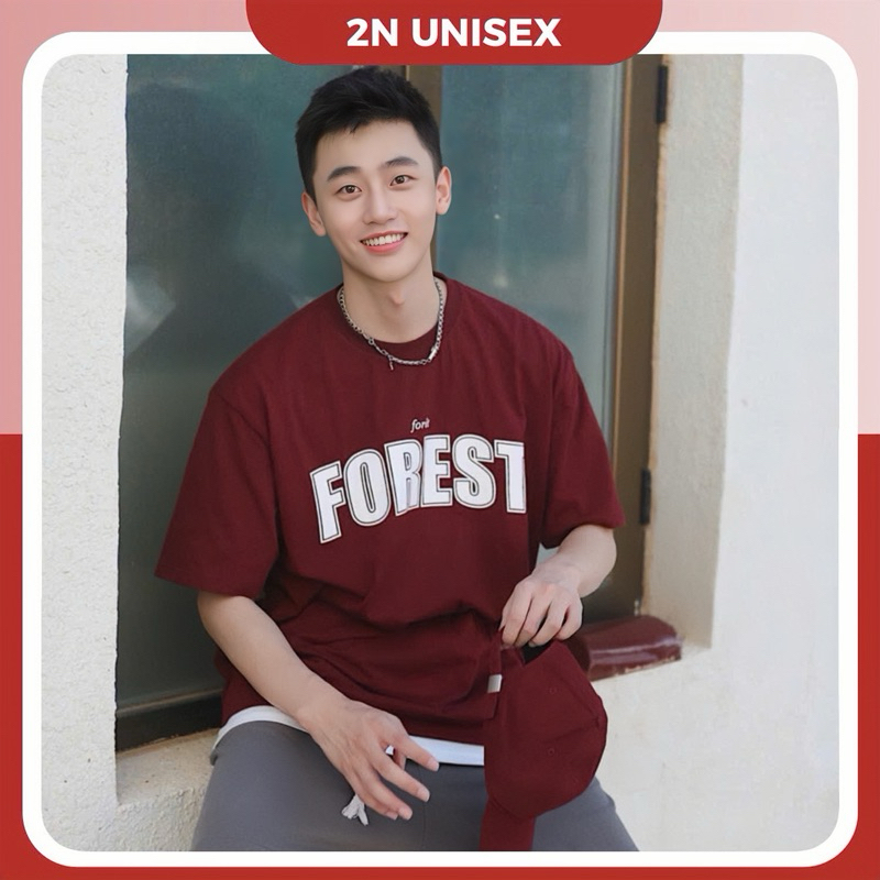 Áo phông nam nữ form rộng 2N Unisex thun cotton in chữ Forest trắng/đỏ ...