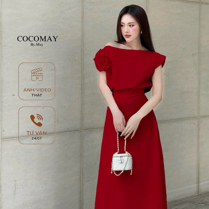 COCOMAY Đầm lệch vai hoa dáng dài xẻ tà màu trắng Nữ | Shopee Việt Nam