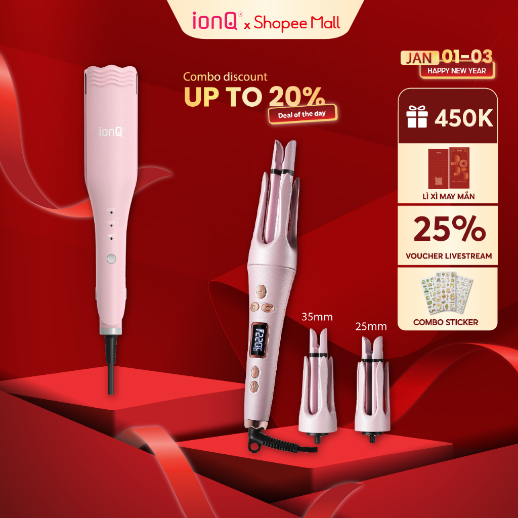Combo Máy uốn tóc xoăn sóng nước Hippie ionQ Rovy và Máy uốn tóc tự động ionQ Wavy 2 đầu uốn ...