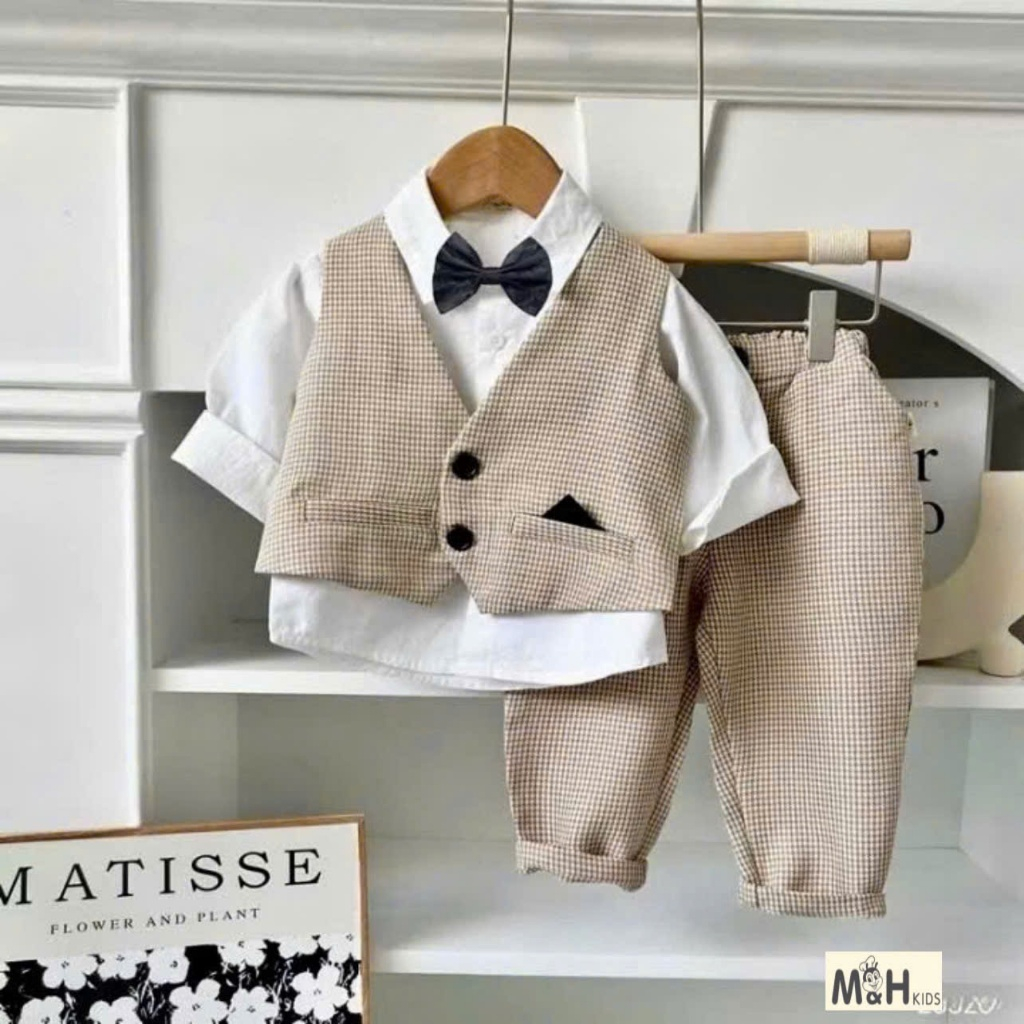 Bộ vest gile công tử 4 chi tiết cho bé, set gile kẻ caro phong cách hàn ...