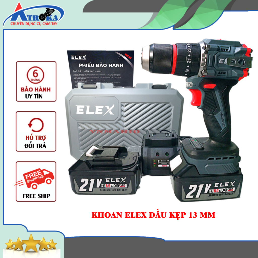 Máy khoan pin ELEX EL-ID1365BL không chổi than, đầu autolock 13mm, chân ...