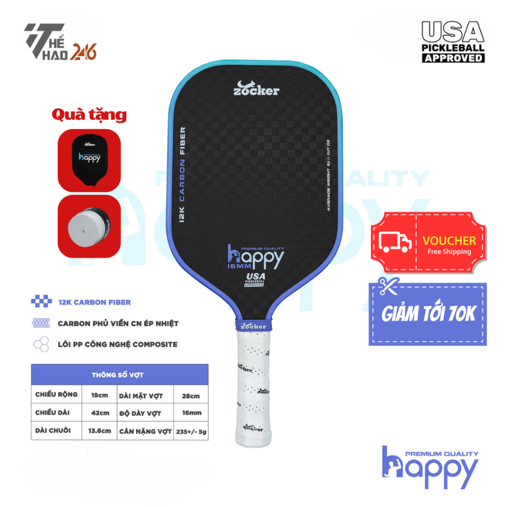 Vợt Pickleball Zocker HP03 - Mặt vợt Full Carbon 12K cao cấp (Tặng túi ...