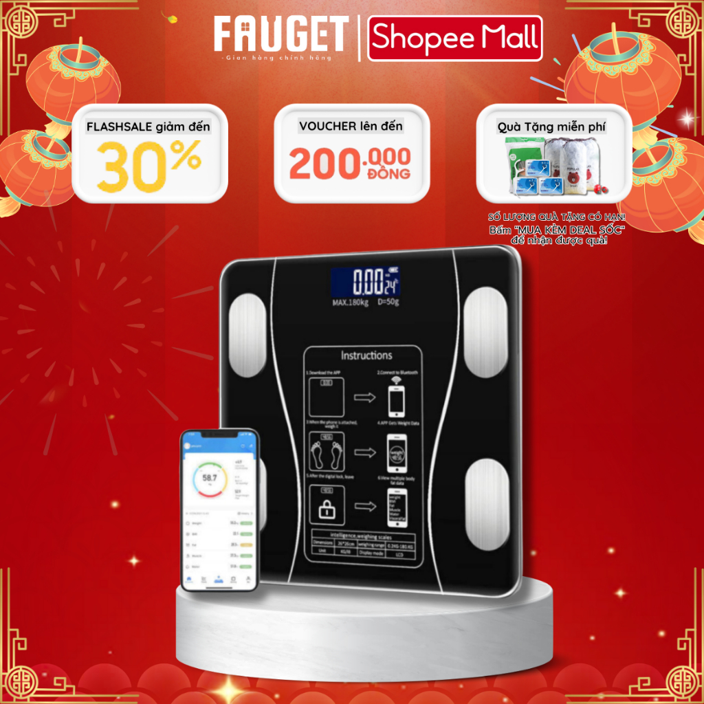 Cân Sức Khỏe FAUGET STORE Mặt Kính Cường Lực Chịu Tải 150KG Sạc Pin Kết ...