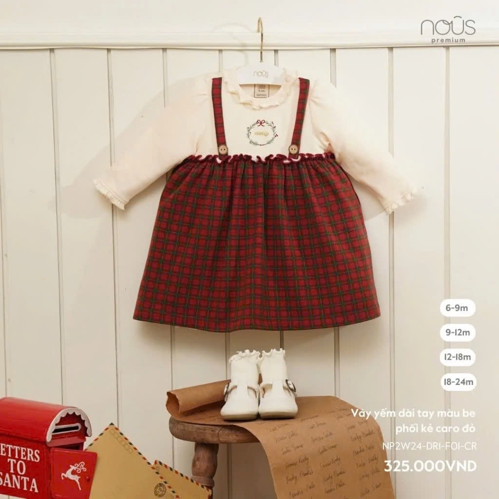 [Nous Baby] Váy yếm dài tay màu be phối kẻ caro đỏ cho bé từ 6-24 tháng ...