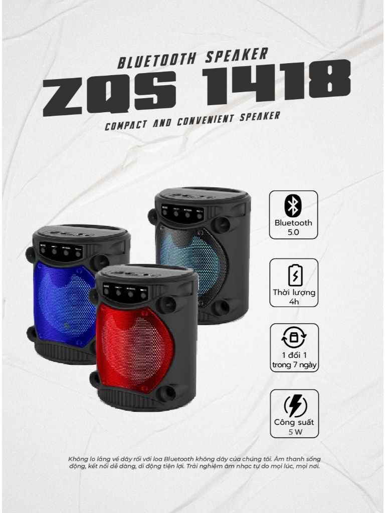 Loa Bluetooth ZQS-1418, máy nghe nhạc cầm tay 4 inch, loa mini có dây nguồn USB, chất lượng âm ...