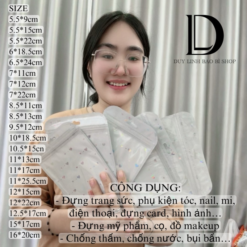 (10 cái) Túi zip Trắng tim , Túi hologram 1 mặt màu trắng lấp lánh trái ...