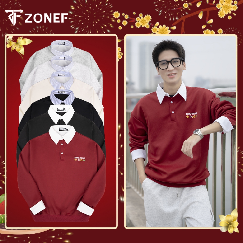 Áo Sweater Nỉ Đỏ Tết Cổ Sơ Mi ZONEF OFFICIAL Áo Sweater Nam Nữ Đi Chơi ...