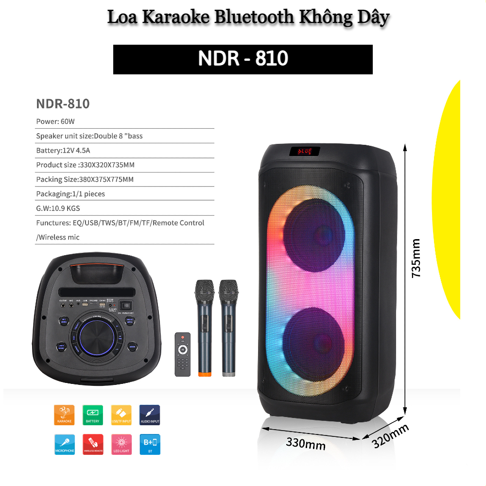 Loa Kéo Karaoke Bluetooth NDR-810 Chính Hãng, Kèm Mic Không Dây. Loa NDR-810 Đèn LED RGB Theo ...