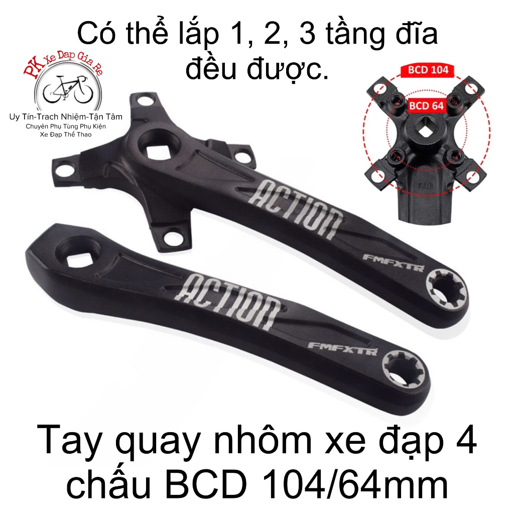 Đùi nhôm ACTION, Tay quay xe đạp nhôm 4 chấu BCD 64/104mm, Đùi lẻ xe ...