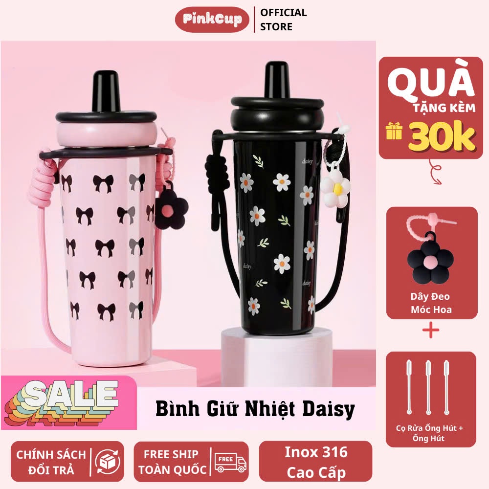 Ly giữ nhiệt tặng kèm dây quai đeo móc hoa cao cấp Daisy, bình giữ nhiệt Pinkcups 730ml giữ ...
