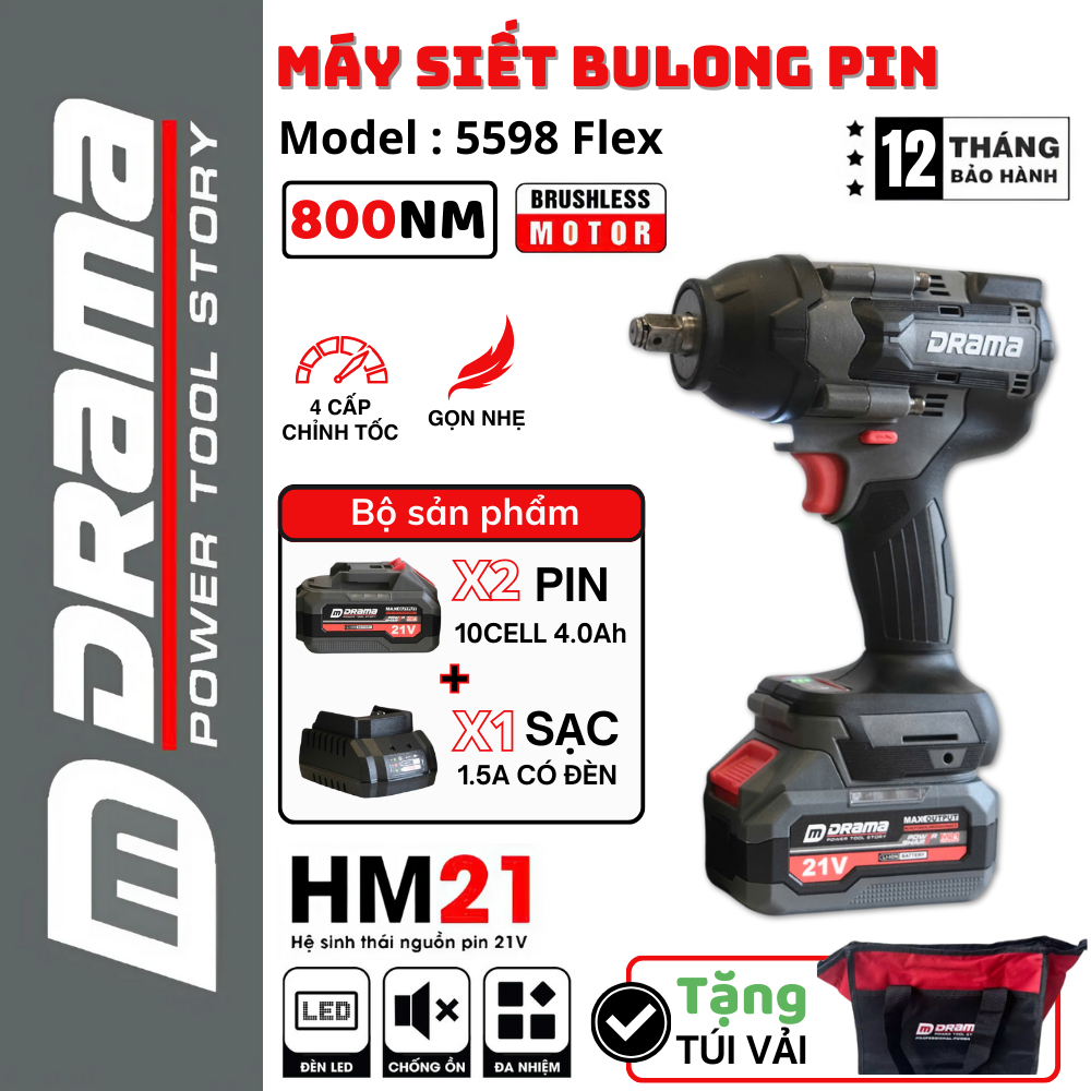 Máy Siết Bulong, Máy Vặn Vít DRAMA D5598 21V, Động Cơ Không Chổi Than, Lực Siết Khủng 1280Nm, BH ...