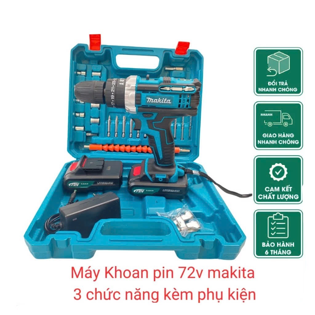 Máy khoan pin Makita 72v cầm tay, máy khoan pin 3 chức năng có búa, tặng kèm bộ phụ kiện 24 chi ...