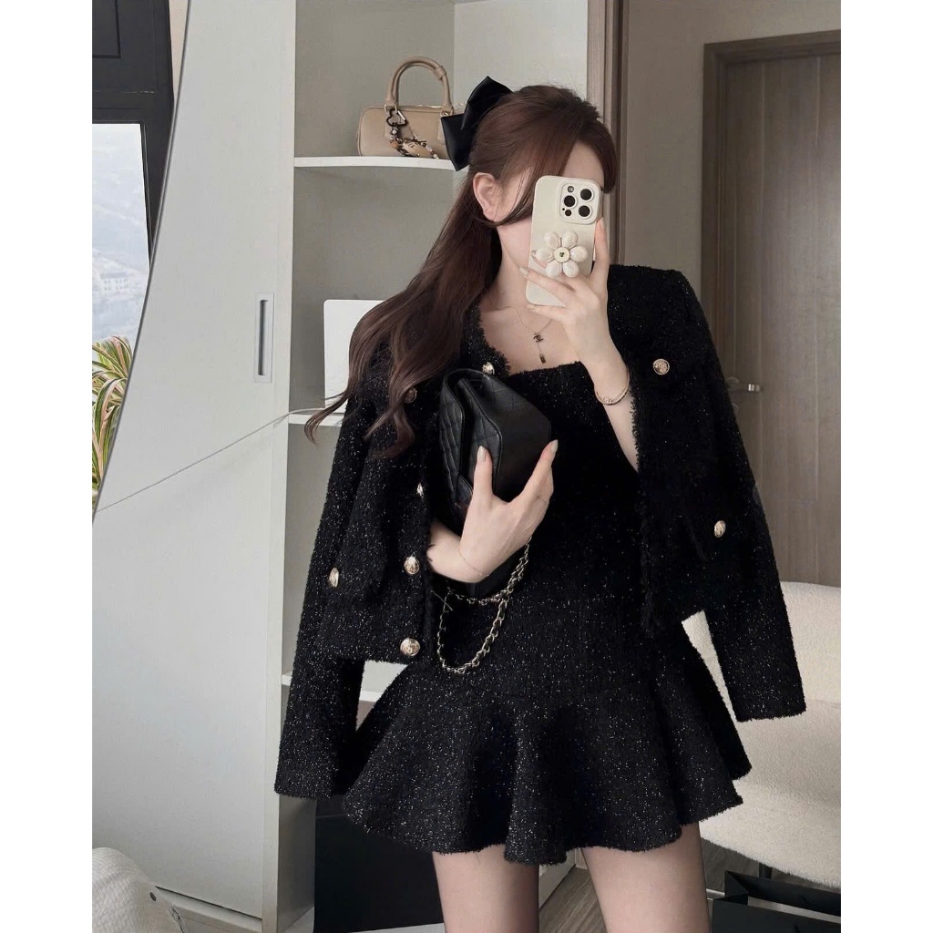 Set Váy Ống Phối Chân Xòe Mix Áo Khoác Dạ Khuy Đồng Dáng Ngắn Tiểu Thư - LIING | Shopee Việt Nam