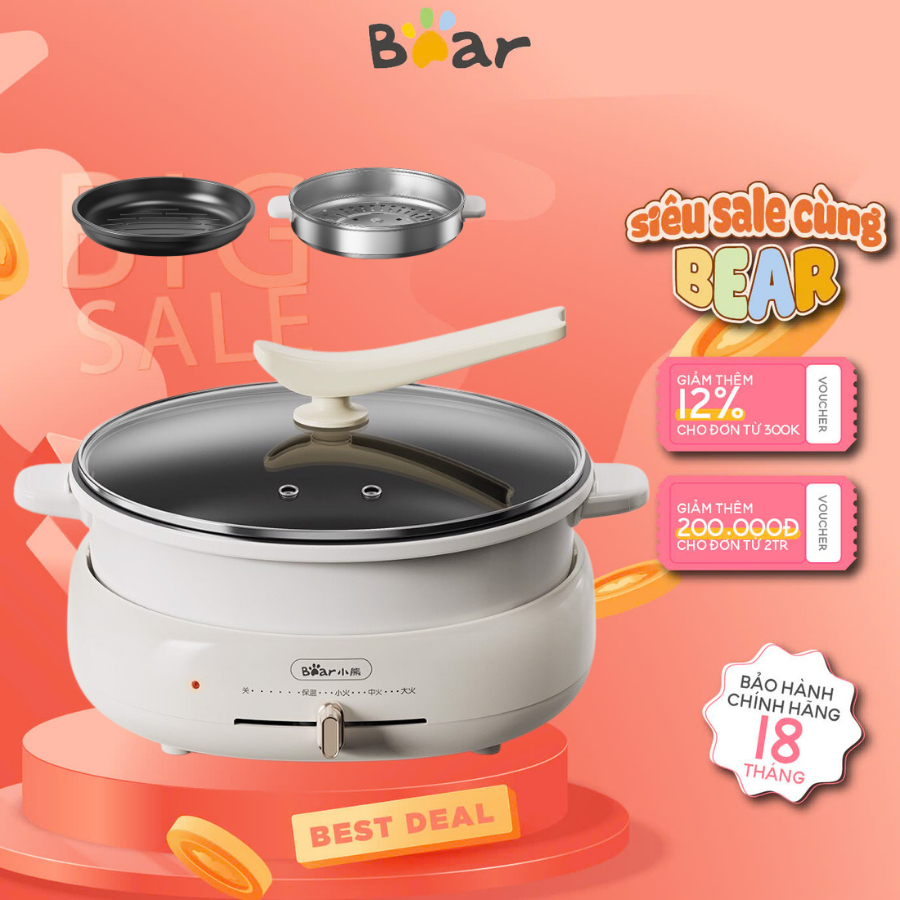 Nồi lẩu nướng 4L đa năng Bear DHG-C40W2,1500W, Kèm lồng hấp inox, Tháo rời dễ vệ sinh, BH 18 ...