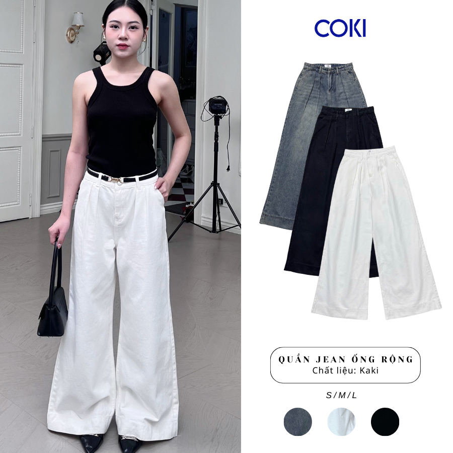 COKI - Quần Jean Nữ Ống Rộng Loe Chít Li Lưng Cao | Shopee Việt Nam
