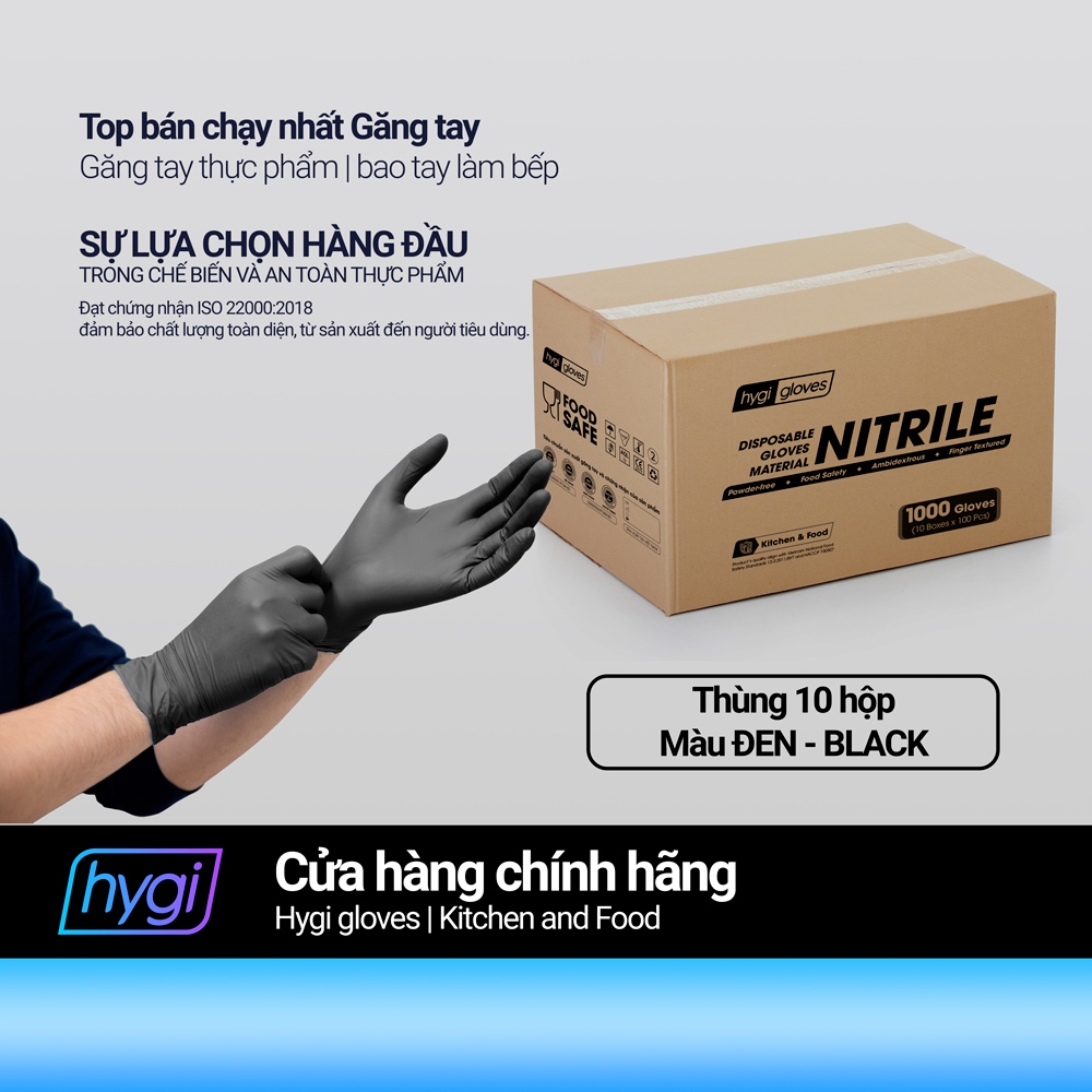 Thùng 10 hộp găng tay thực phẩm nitrile Hygi Kitchen and Food, không ...