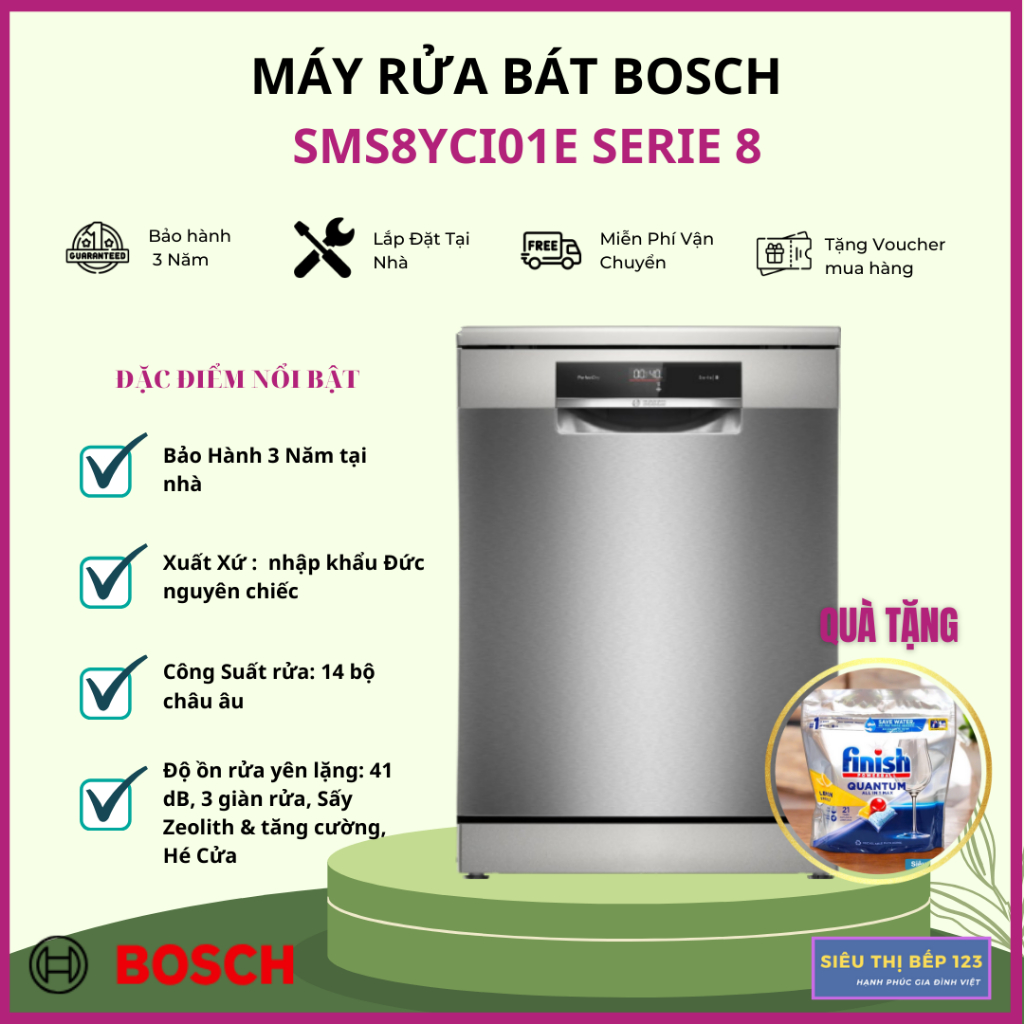 MÁY RỬA BÁT BOSCH SMS8YCI01E SERIE 8 SẤY ZEOLITH, DUNG TÍCH 14 BỘ, 8 CHƯƠNG TRÌNH RỬA THÔNG MINH ...