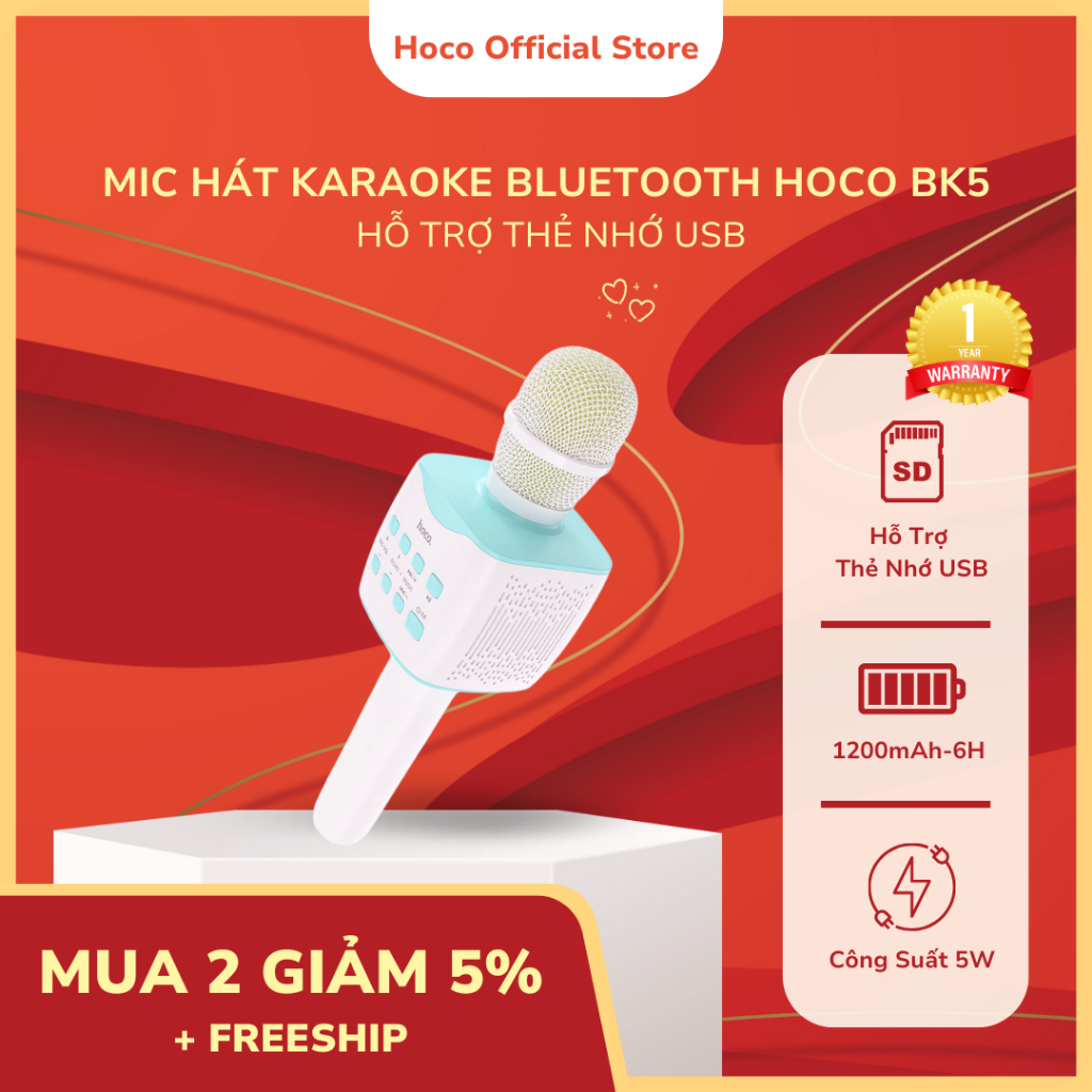 Mic Hát Karaoke Bluetooth HOCO BK5, Hỗ Trợ Thẻ Nhớ USB, 6H Nghe Nhạc,Âm ...