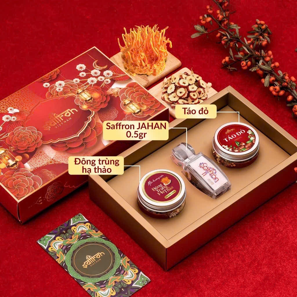 Hộp quà Saffron Nhụy Hoa Nghệ Tây Jahan 0.5Gr kèm trà hoa+ đông trung+ ...