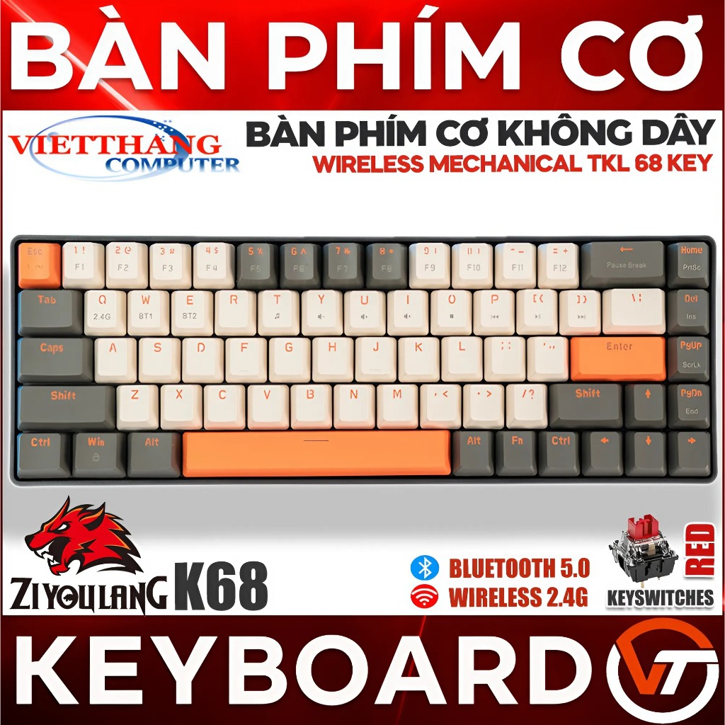 Bàn phím cơ Không dây Ziyoulang K68 Trắng xám 68 Key Dual Bluetooth ...
