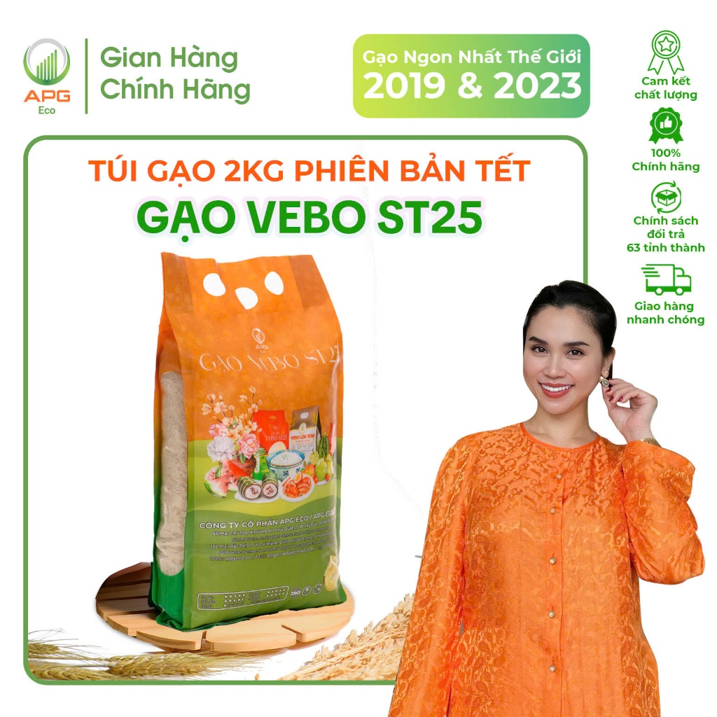 Gạo Vebo ST25 APG ECO Túi 2Kg Hữu cơ, Dẻo, Thơm lá dứa - Phiên bản Tết ...