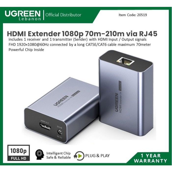 Bộ kéo dài HDMI qua dây mạng Cat5/Cat6 70Met Ugreen 20519 CM445 ( Bộ 2 ...