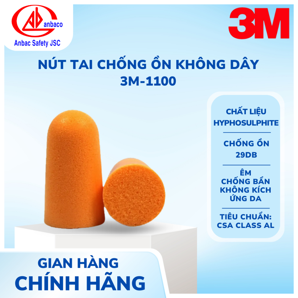 Nút tai chống ồn 3M 1100 loại không dây, mức chống ồn 29DB, êm nhẹ và đàn hồi không gây kích ứng ...