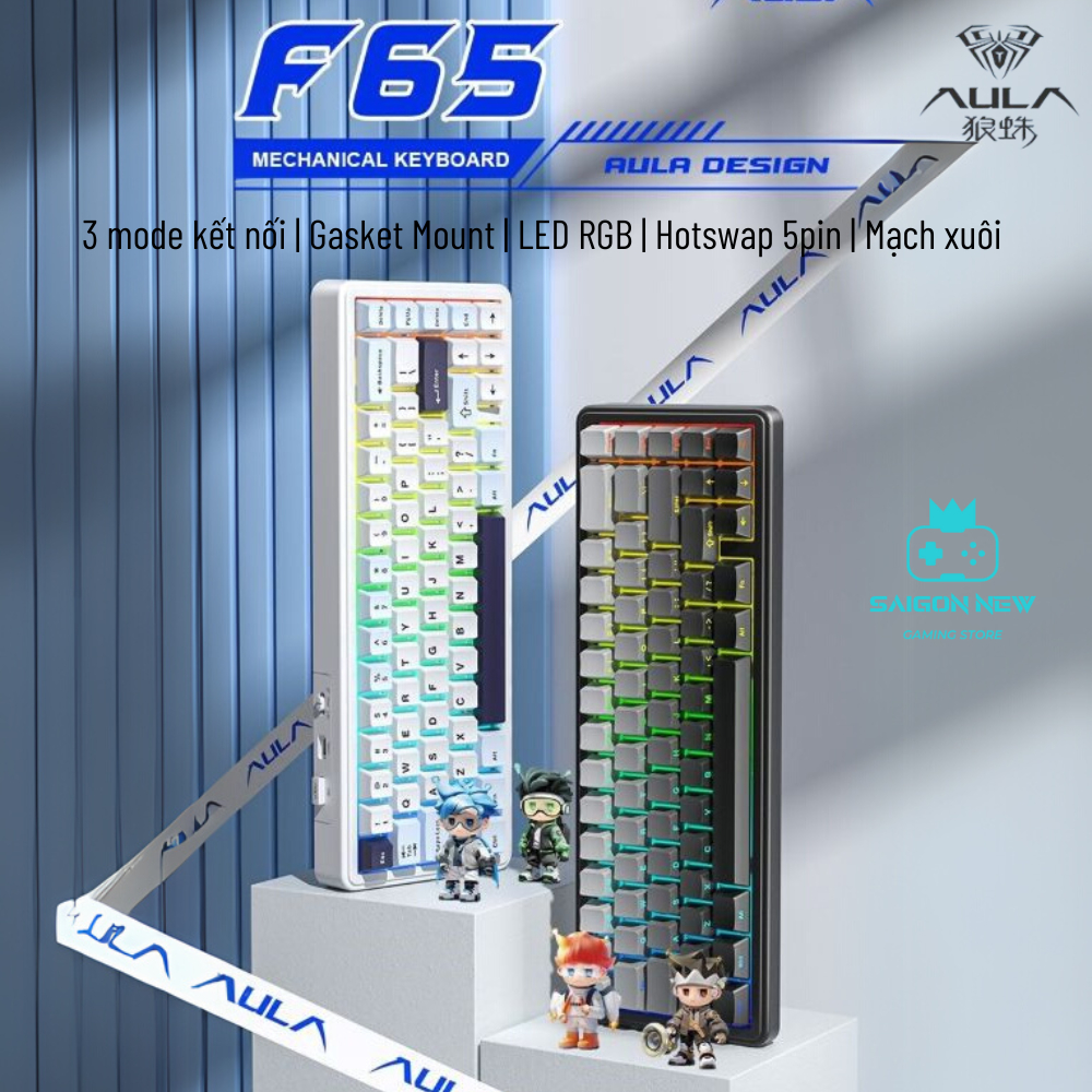 Bàn phím cơ không dây Aula F65 LED RGB mạch xuôi - Hỗ trợ hotswap mạch 5pin - Có app tùy chỉnh ...