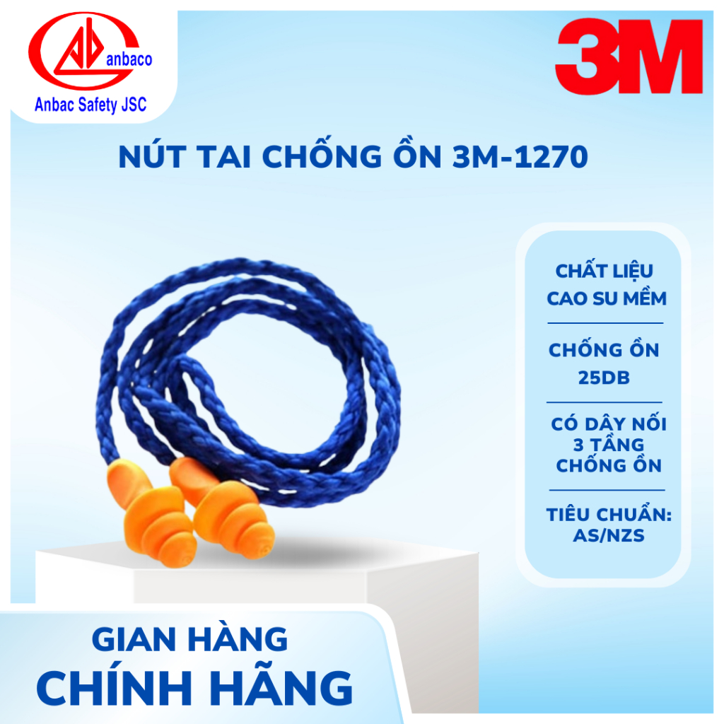 Nút tai chống ồn 3M 1270 loại có dây, mức chống ồn 25DB, êm nhẹ và đàn hồi không gây kích ứng da ...
