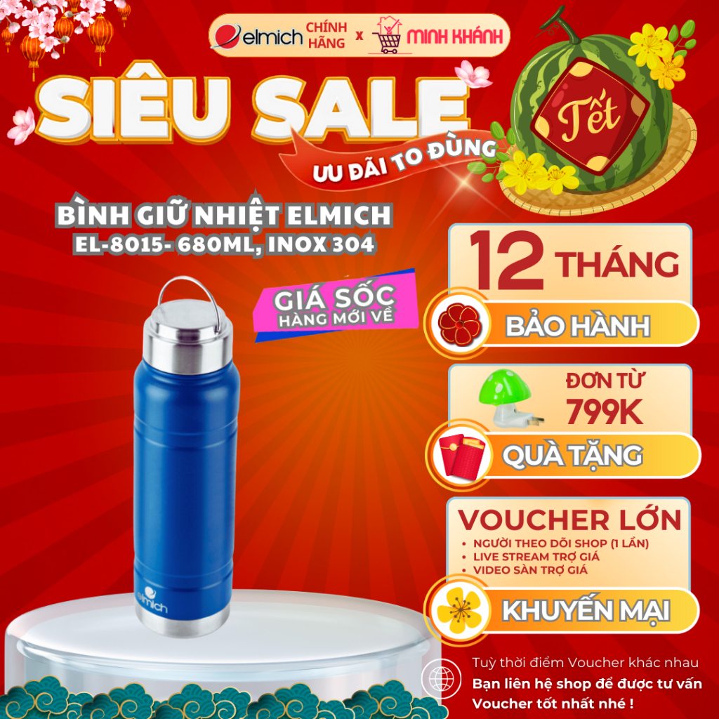 Bình giữ nhiệt Elmich 1000ml EL-3683 -Thể tích lớn, giữ nhiệt chân không, inox 304 bền bỉ, an ...