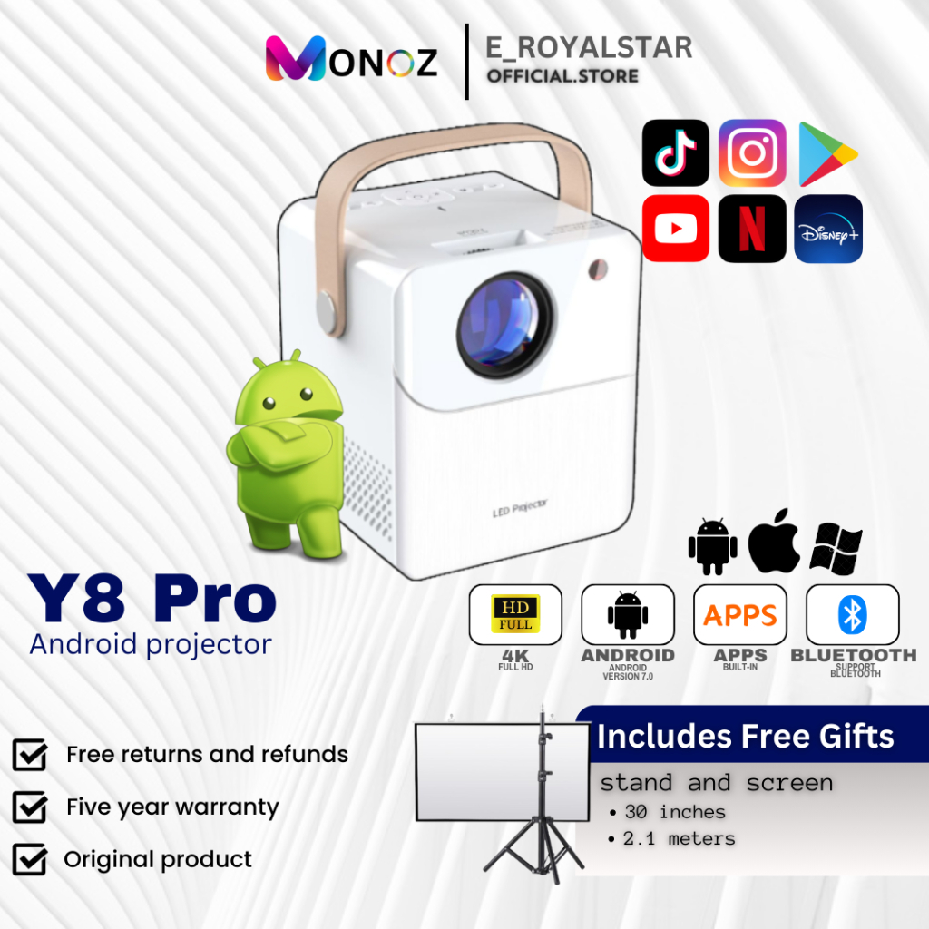 Máy chiếu Android MONOZ Y8 PRO Mini 6500 Lumens HD 1080P 4K WiFi LED ...