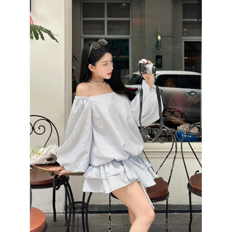 xx145 - đầm babydol trễ vai tay dài dáng lửng , kate sọc xinh xắn | Shopee Việt Nam