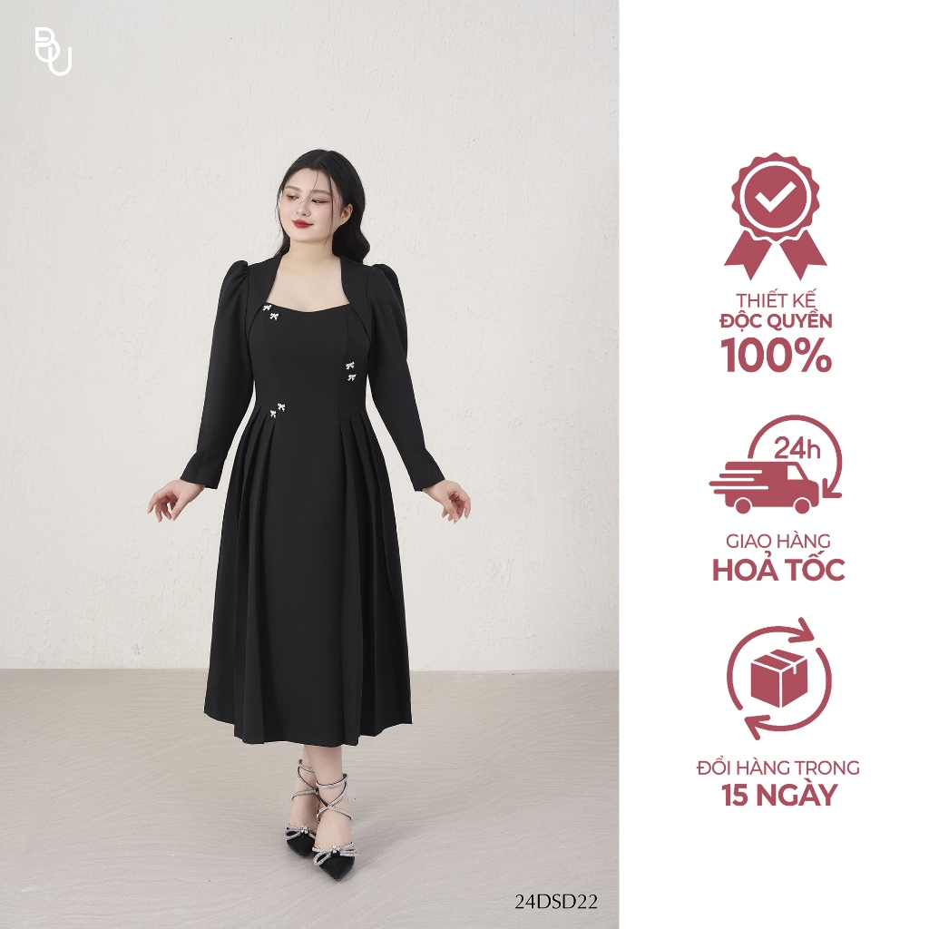 Đầm cổ kim cương xếp ly eo đính cúc nơ BIGSIZE (55kg đến 95kg) – 24DSD22 - [BUstu Bigsize ...